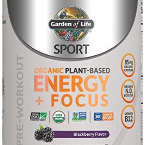 Garden of Life Sport Organic Plant Based Energy + Focus Clean Pre Workout Powder, with 85mg Caffeine, Natural No Booster, B12, Vegan, Gluten Free, Non-GMO, Blackberry, 15.3 Oz