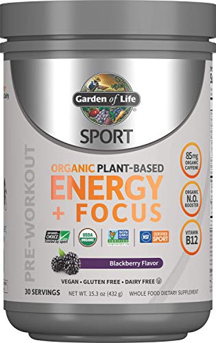 Garden of Life Sport Organic Plant Based Energy + Focus Clean Pre Workout Powder, with 85mg Caffeine, Natural No Booster, B12, Vegan, Gluten Free, Non-GMO, Blackberry, 15.3 Oz