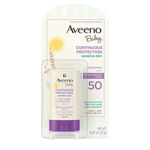 aveeno baby continuous protection sensitive skin mineral sunscreen stick with broad spectrum spf 50 for face & body, naturally sourced 100% zinc oxide, travel size, 0.47 oz