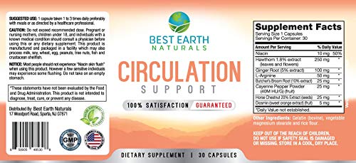 Best Earth Naturals Circulation Support Supplement with Butchers Broom, Horse Chestnut, Vitamin B3, Hawthorne, Ginger Root, Sweet Orange Extract, and More - 30 Count