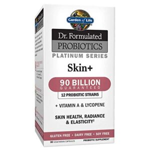 Garden of Life Dr. Formulated Platinum Series Skin+ 90 Billion CFU Guaranteed, 12 Probiotic Strains + Vitamin A & Lycopene for Skin Health, Radiance & Elasticity, Vegetarian Supplement, 30 Capsules