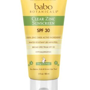 Babo Botanicals Zinc Sunscreen Lotion SPF 30 with 100% Mineral Actives, Non-Greasy, Water-Resistant, Fragrance-Free, Vegan, For Babies, Kids or Sensitive Skin, Clear, 3 Fl Oz