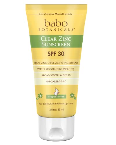 Babo Botanicals Zinc Sunscreen Lotion SPF 30 with 100% Mineral Actives, Non-Greasy, Water-Resistant, Fragrance-Free, Vegan, For Babies, Kids or Sensitive Skin, Clear, 3 Fl Oz