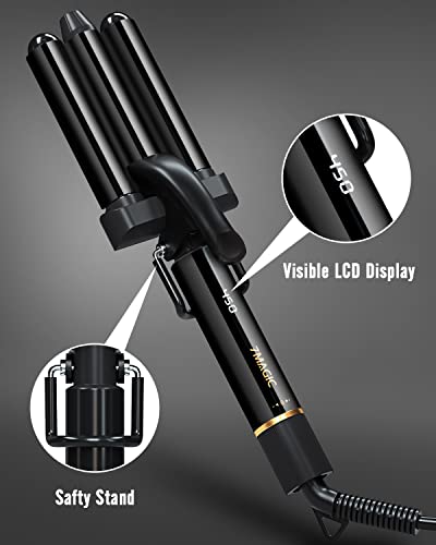 Hair Waver, 3 Barrel Curling Iron for Beachy Waves, Hair Crimper with LCD Temp Display, Ceramic Tourmaline Triple Barrels Curling Wand, Beach Waver Curling Iron with Dual Voltage, Black