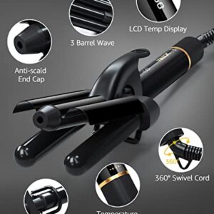 Hair Waver, 3 Barrel Curling Iron for Beachy Waves, Hair Crimper with LCD Temp Display, Ceramic Tourmaline Triple Barrels Curling Wand, Beach Waver Curling Iron with Dual Voltage, Black