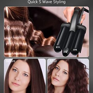 Hair Waver, 3 Barrel Curling Iron for Beachy Waves, Hair Crimper with LCD Temp Display, Ceramic Tourmaline Triple Barrels Curling Wand, Beach Waver Curling Iron with Dual Voltage, Black