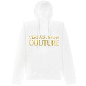 versace jeans couture white 100% cotton gold foil logo long sleeve hoodie sweatshirt- l for mens