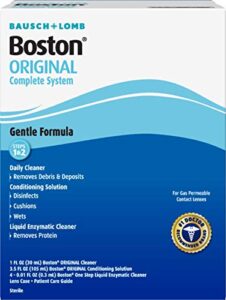 contact lens solution by boston, boston original complete system for gas permeable contact lenses, 1 fl oz original cleaner, 3.5 fl oz solution, 5 one step liquid enzymatic cleaners and 1 lens case