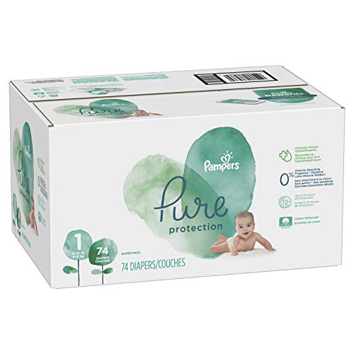 Diapers Newborn/Size 1 (8-14 lb), 74 Count - Pampers Pure Protection Disposable Baby Diapers, Hypoallergenic and Unscented Protection, Super Pack (Old Version)