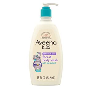 aveeno kids sensitive skin face & body wash with oat extract, gently washes away dirt & germs without drying, tear-free & suitable for all skin tones, hypoallergenic, 18 fl. oz