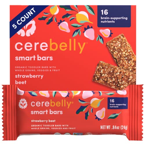 Cerebelly Toddler Snack Bars – Strawberry Beet Smart Bars (Pack of 5), Healthy & Organic Whole Grain Bars with Veggies & Fruit, 15 Brain-supporting Nutrients from Superfoods, Nut Free, No Added Sugar, Made with Gluten Free Ingredients