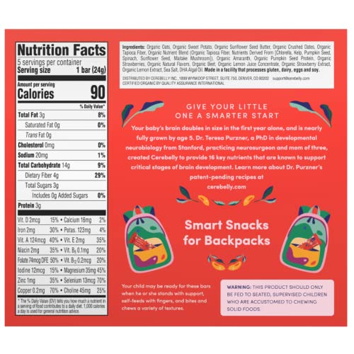 Cerebelly Toddler Snack Bars – Strawberry Beet Smart Bars (Pack of 5), Healthy & Organic Whole Grain Bars with Veggies & Fruit, 15 Brain-supporting Nutrients from Superfoods, Nut Free, No Added Sugar, Made with Gluten Free Ingredients