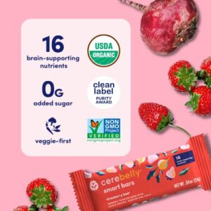 Cerebelly Toddler Snack Bars – Strawberry Beet Smart Bars (Pack of 5), Healthy & Organic Whole Grain Bars with Veggies & Fruit, 15 Brain-supporting Nutrients from Superfoods, Nut Free, No Added Sugar, Made with Gluten Free Ingredients