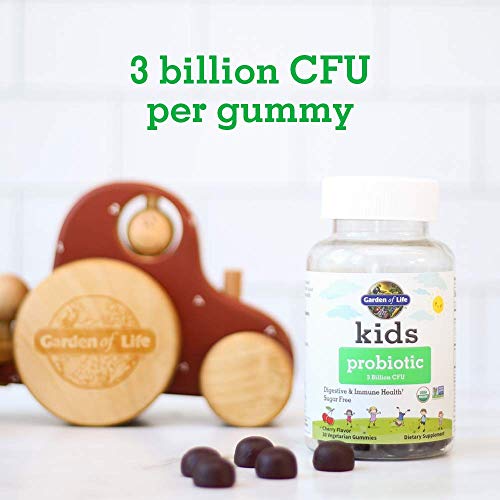 Garden of Life Probiotics for Kids, Cherry Flavor Gummies - Sugar Free Once Daily Kids Probiotic Gummies, 3 Billion CFU Probiotics Plus Fiber for Digestive & Immune Health, 30 Vegetarian Gummies