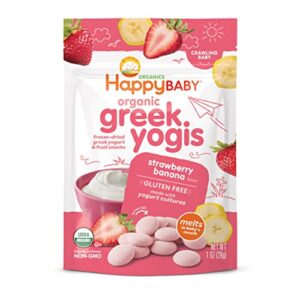 happy baby organics greek yogis freeze-dried greek yogurt and fruit snacks, strawberry banana, 1 ounce (pack of 1) packaging may vary