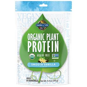 garden of life organic plant based protein powder – smooth vanilla, vegan, grain free and gluten free shake for women and men – 10 servings, 15g of complete protein, probiotics & enzymes, 0g sugar