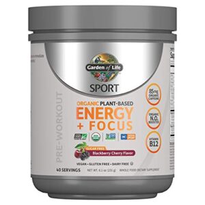 garden of life sport organic plant-based energy + focus vegan clean pre workout powder, sugar & gluten free blackberry cherry with 85mg caffeine, natural no booster, b12, 40 servings, 8.14 oz