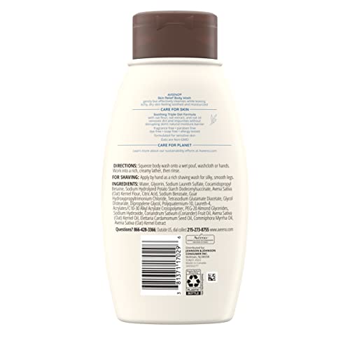 Aveeno Skin Relief Fragrance-Free Body Wash with Triple Oat Formula Soothes Itchy, Dry Skin, Formulated for Sensitive Skin, Fragrance-, Paraben-, Dye- & Soap-Free, 12 fl. oz