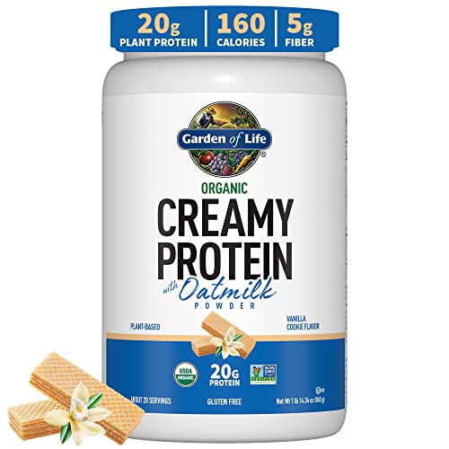 Garden of Life Creamy Vanilla Cookie Protein Powder + Oatmilk 20g Organic Vegan Plant Based Protein, Coconut Water, MCTs, Sprouted Grains, Prebiotics, Probiotics – Non-GMO, Gluten-Free, 1.90 LB