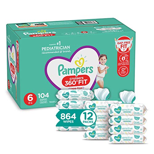 Diapers Size 6, 104 Count and Baby Wipes - Pampers Pull On Cruisers 360° Fit Baby Diapers with Stretchy Waistband, ONE MONTH SUPPLY with Sensitive Wipes, 12X Pop-Tops, 864 Count (Packaging May Vary)