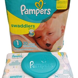 Pampers Swaddlers Diapers, Size 1, 20 Count - Pampers Sensitive Wipes Travel Pack 50 Count.