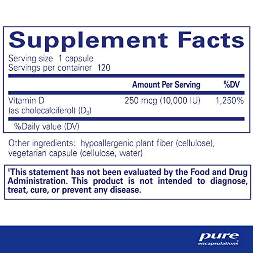 Pure Encapsulations Vitamin D3 250 mcg (10,000 IU) | Supplement to Support Bone, Joint, Breast, Heart, Colon and Immune Health* | 120 Capsules