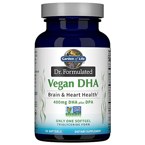 Garden of Life Omega 3 Vegan DHA Supplements Dr. Formulated Vegan DHA, 400mg DHA & 70mg DPA in Triglyceride Form from a Single Source, Omega 3 Supplement for Women's and Men's Health, 30 Softgels