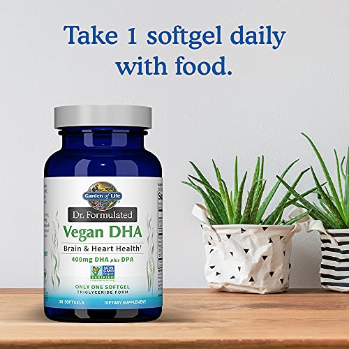 Garden of Life Omega 3 Vegan DHA Supplements Dr. Formulated Vegan DHA, 400mg DHA & 70mg DPA in Triglyceride Form from a Single Source, Omega 3 Supplement for Women's and Men's Health, 30 Softgels