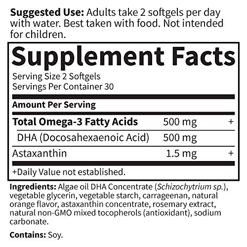 Garden of Life Minami Algae Omega 3 Vegan DHA for Brain and Eye Health - Orange Flavor, 500mg Plant Based DHA Omega-3 Vegan Algae Oil Plus Astaxanthin, No Aftertaste, 60 Easy-to-Swallow Mini Softgels