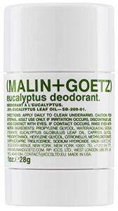 malin + goetz travel mini eucalyptus deodorant, natural effective odor & sweat defense, for all skin types, clear color, no residue/stains, free of aluminum, alcohol, baking soda, parabens 1oz