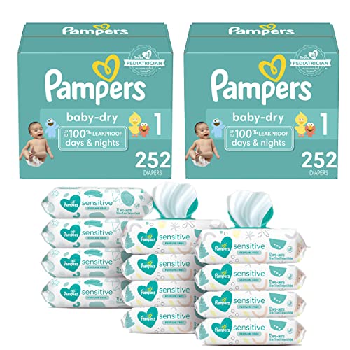 Pampers Baby Diapers and Wipes Starter Kit (2 Month Supply) - Baby Dry Disposable Baby Diapers (2 x 252 Count) with Sensitive Water Based Baby Wipes, 12X Pop-Top Packs, 864 Count