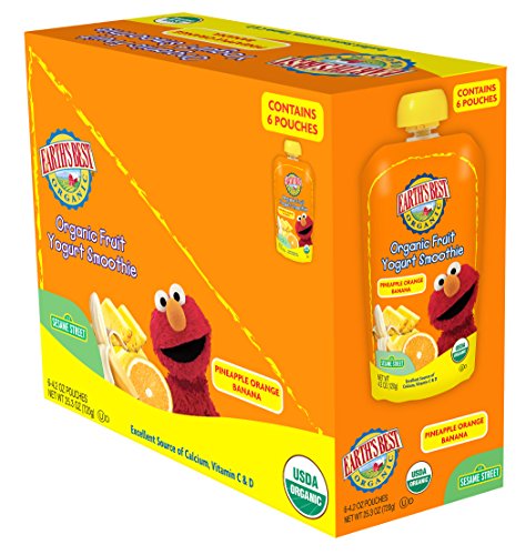 Earth's Best Organic Sesame Street Toddler Fruit Yogurt Smoothie, Pineapple, Orange and Banana, 4.2 oz. Pouch (Pack of 12)