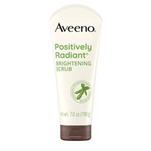 aveeno positively radiant skin brightening exfoliating daily facial scrub, moisture-rich soy extract, helps improve skin tone & texture, oil-& soap-free, hypoallergenic, 7 oz