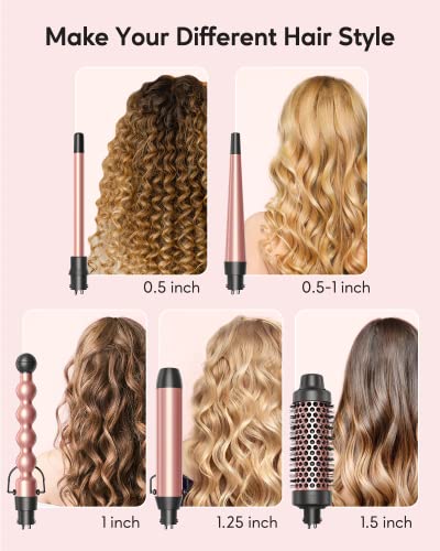 Wavytalk 5 in 1 Curling Iron,Curling Wand Set with Curling Brush and 4 Interchangeable Ceramic Curling Wand(0.5”-1.25”),Instant Heat Up,Include Heat Protective Glove & 2 Clips