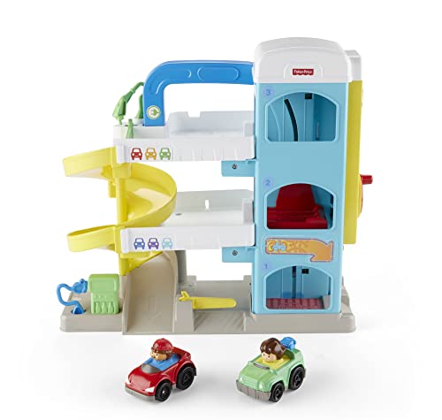 Fisher-Price Little People Toddler Toy Helpful Neighbor’S Garage Playset with Spiral Ramp and 2 Wheelies Cars for Ages 18+ Months