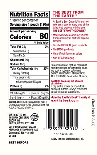 Earth's Best Organic Stage 2, Banana, Raspeberry & Brown Rice, 4.2 Ounce Pouch (Pack of 6)