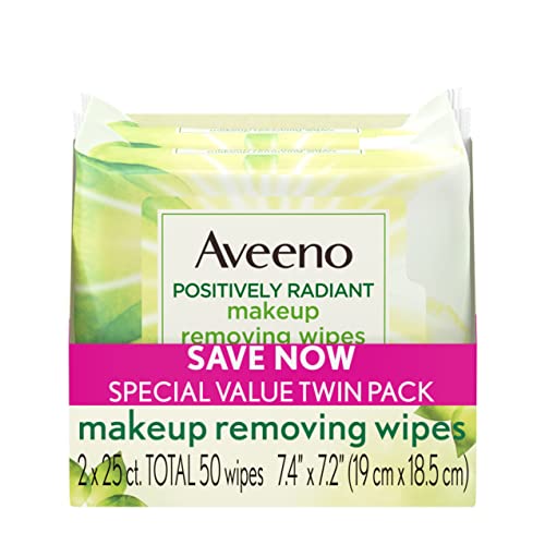 Aveeno Positively Radiant Oil-Free Makeup Removing Face Wipes to Help Even Skin Tone and Texture with Moisture-Rich Soy Extract, Gentle Facial Cleansing Wipes, Twin Pack, 2 x 25 ct.