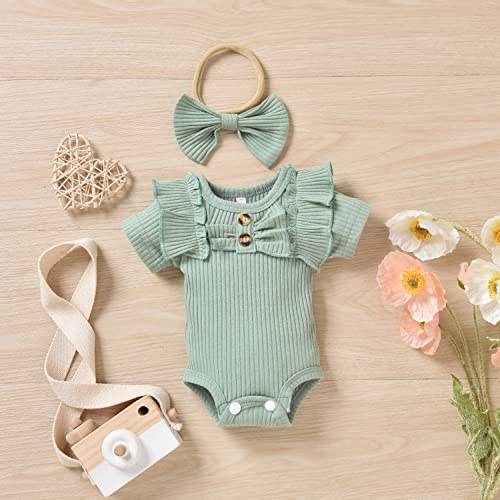 Aalizzwell 0 - 3 Months Newborn Infant Girls Clothes Short Sleeve Bloomer Shorts Ribbed Summer Outfit Olive Green