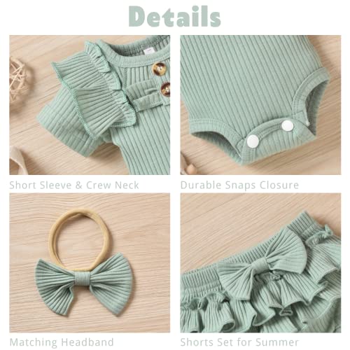 Aalizzwell 0 - 3 Months Newborn Infant Girls Clothes Short Sleeve Bloomer Shorts Ribbed Summer Outfit Olive Green