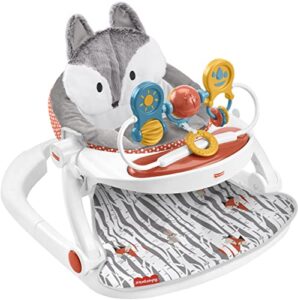 fisher-price portable baby chair premium sit-me-up floor seat with snack tray and toy bar, plush seat pad, peek-a-boo fox