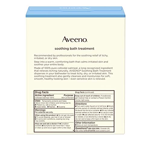 Aveeno Soothing Bath Treatment with 100% Natural Colloidal Oatmeal for Treatment & Relief of Dry, Itchy, Irritated Skin Due to Poison Ivy, Eczema, Sunburn, Rash, Insect Bites & Hives, 8 ct.