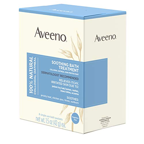 Aveeno Soothing Bath Treatment with 100% Natural Colloidal Oatmeal for Treatment & Relief of Dry, Itchy, Irritated Skin Due to Poison Ivy, Eczema, Sunburn, Rash, Insect Bites & Hives, 8 ct.