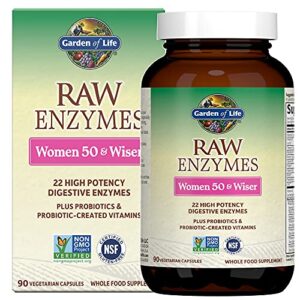 garden of life 22 digestive enzymes for women 50 & over with bromelain, papain & lactase plus probiotics & vitamins b12, biotin & zinc – raw enzymes – non-gmo, gluten-free, vegetarian, 90 capsules