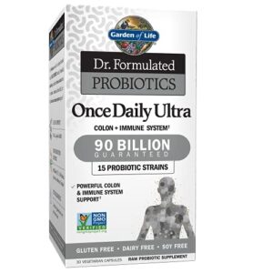 garden of life probiotics for women and men, dr. formulated once daily ultra 90 billion adult probiotic for digestive health, immune system support, acidophilus, prebiotics, 30 vegetarian capsules