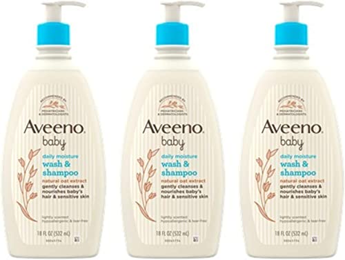 Aveeno Baby Daily Moisture Gentle Bath Wash & Shampoo with Natural Oat Extract, Hypoallergenic, Tear-Free & Paraben-Free Formula for Sensitive Hair & Skin, Lightly Scented, 18 Fl Oz (Pack of 3)