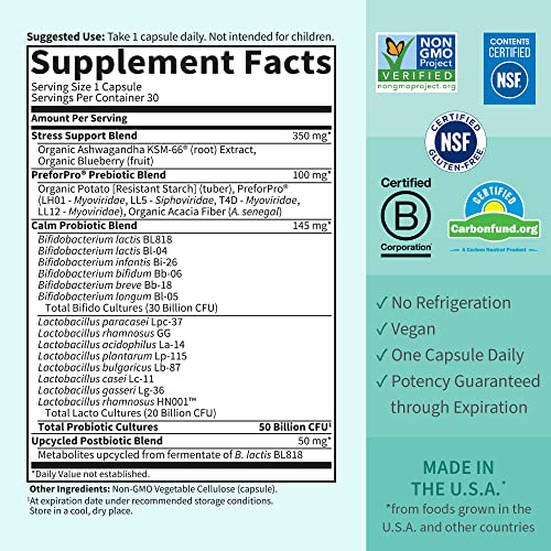 Garden of Life Dr Formulated Calm Daily 3-in-1 Complete Probiotics, Prebiotics & Postbiotics with Ashwagandha - PRE + PRO + POSTBIOTIC Supplement for Immune, Digestive & Mood Support - 30 Day Supply