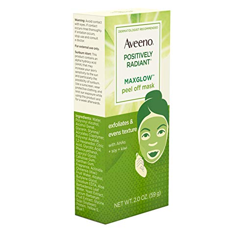 Aveeno Positively Radiant MaxGlow Peel Off Exfoliating Face Mask with Alpha Hydroxy Acids, Moisture Rich Soy & Kiwi Complex for Even Tone & Texture, Non-Comedogenic, Paraben- & Phthalate-Free, 2.0 oz