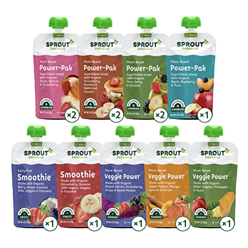 Sprout Organic Baby Food, Stage 4 Toddler Pouches, 8 Flavor Power Pak and Smoothie Sampler, 4 Oz Purees 12 Count (Pack of 1)