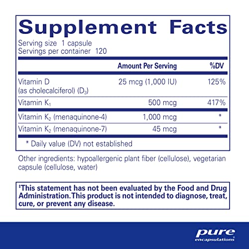 Pure Encapsulations Synergy K | Supplement with Vitamin K1, K2, and D3 to Support Bones, Blood Vessels, Vascular Elasticity, and Calcium Utilization* | 120 Capsules