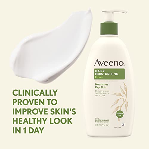 Aveeno Daily Moisturizing Body Lotion with Soothing Oat and Rich Emollients to Nourish Dry Skin, Gentle & Fragrance-Free Lotion is Non-Greasy & Non-Comedogenic, 18 fl. oz